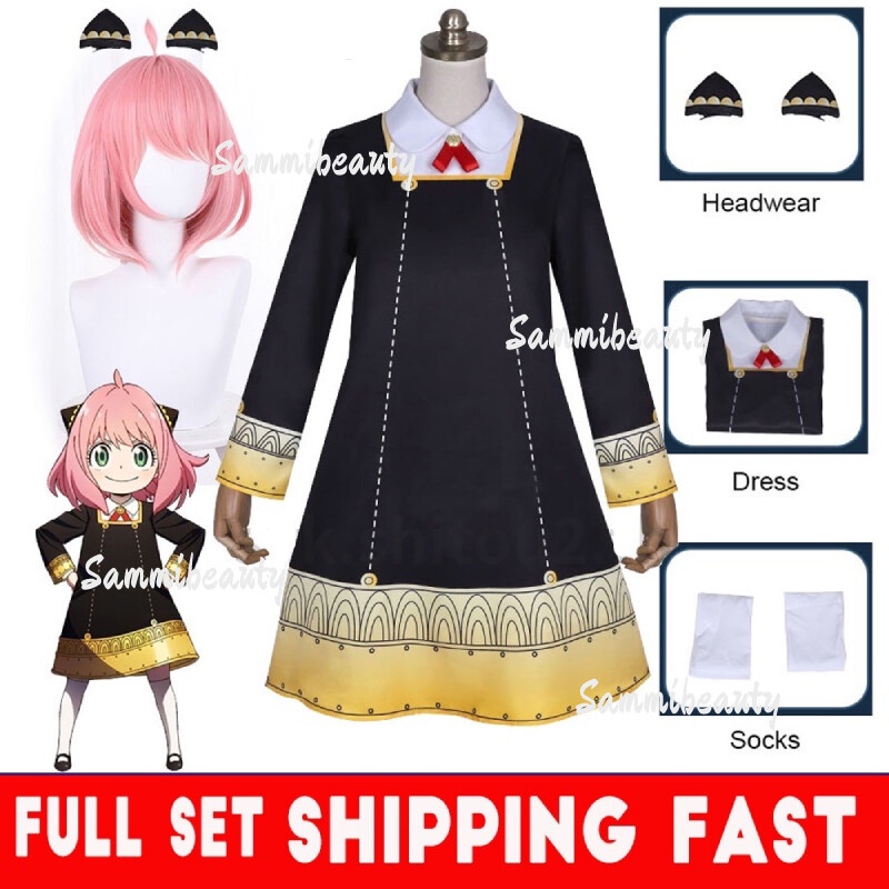 Spy X Family Cosplay Costume Anya Forger Black Dress Girls Pink Wig Set ...