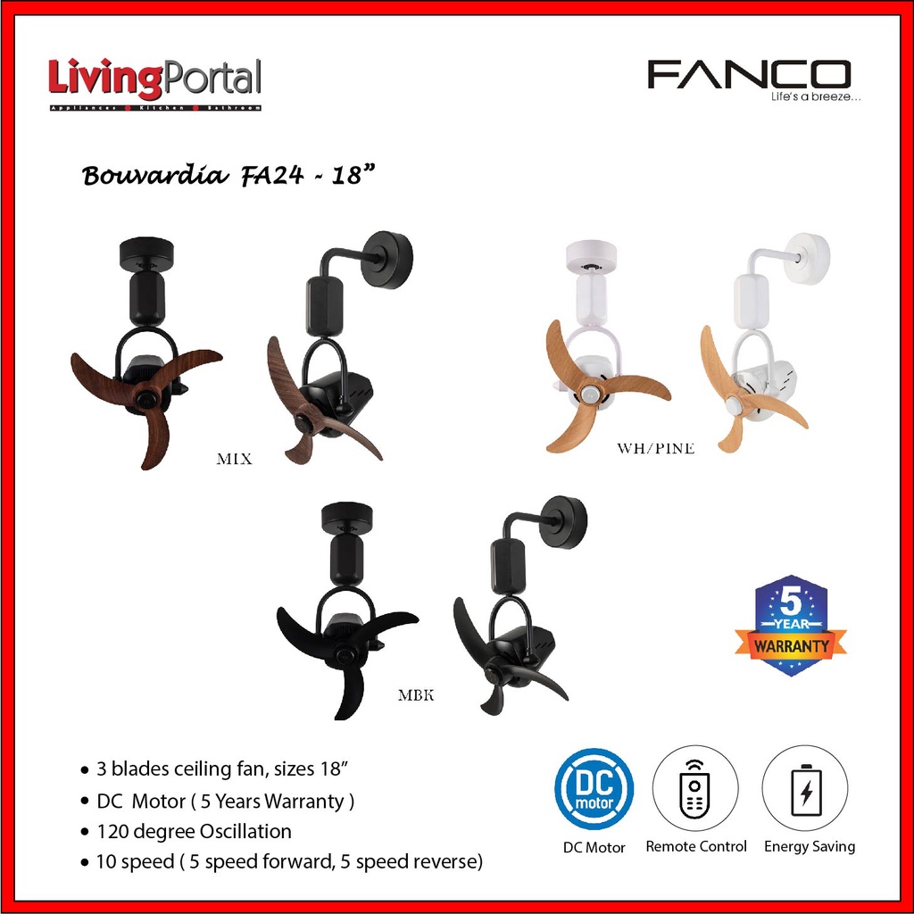 FANCO CEILING / WALL FAN - BOUVARDIN FA24 -18"-DC MOTOR -CORNER FAN ...