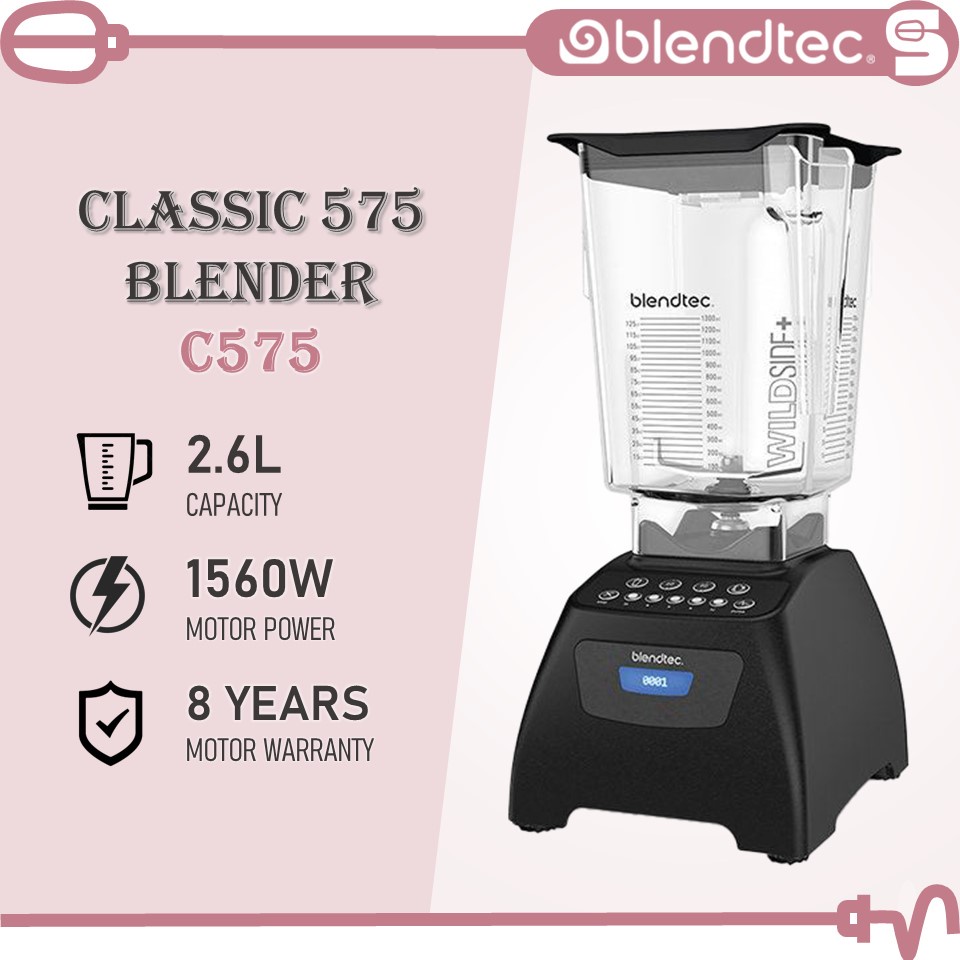 BLENDTEC Classic 575 Blender C575 - Black (2.6L/1560w) Wildside+ Jar 3.0 Peak Horsepower Motor ...