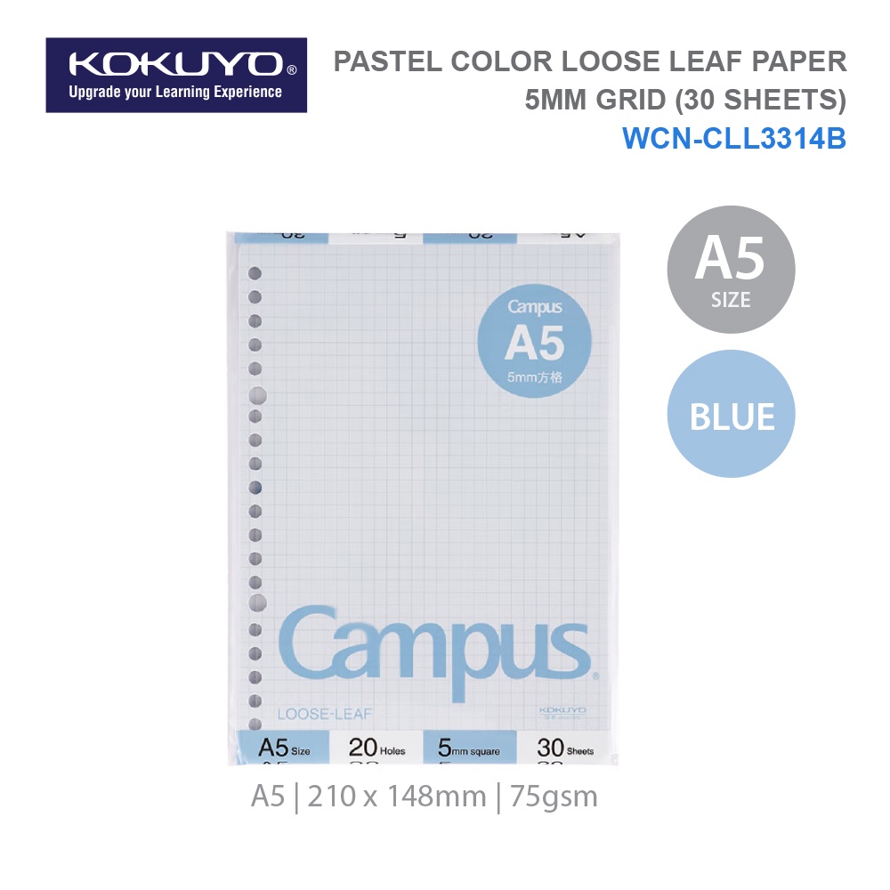 KOKUYO WCN-CLL3314 Campus Pastel Colour Loose Leaf Paper A5 | GRID | 30 Sheets | 75GSM | Shopee ...