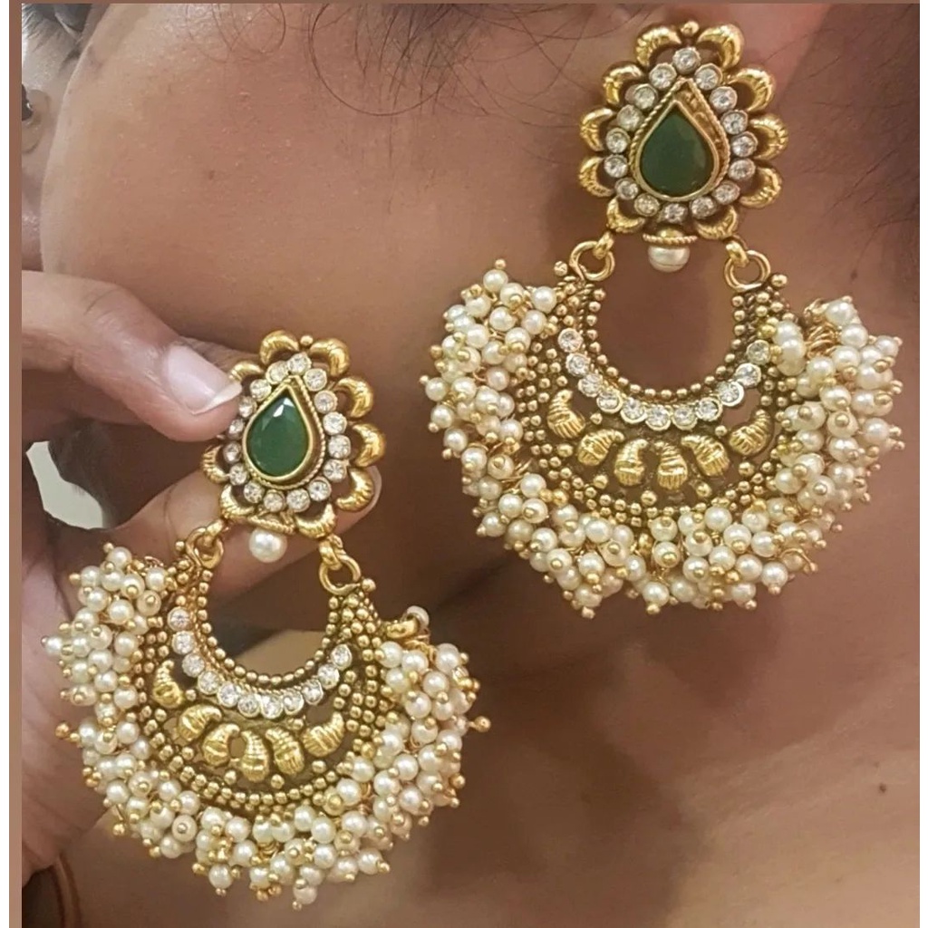 POLKI GREEN STONE EARING WITH PEARLS (RAMLEELA style) | Shopee Malaysia