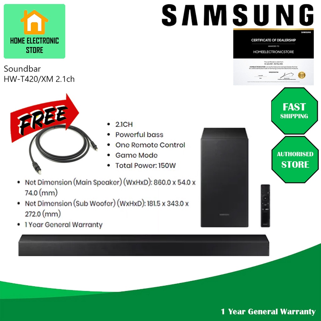 Samsung HW-T420 2.1ch 150W Soundbar w Wired Powerful Subwoofer ...