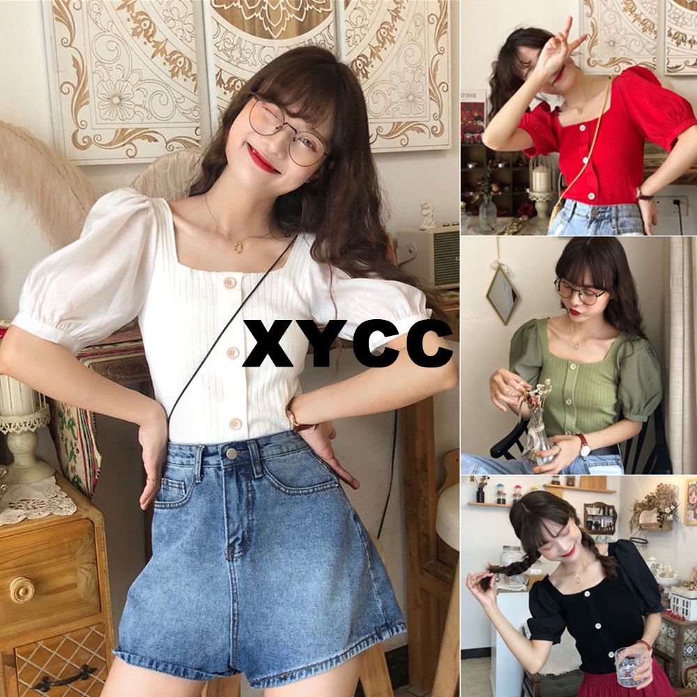 XYCC Women's Summer French Crop Top Clavicle Square Neck Short Puff Sleeve T-shirt | Shopee Malaysia