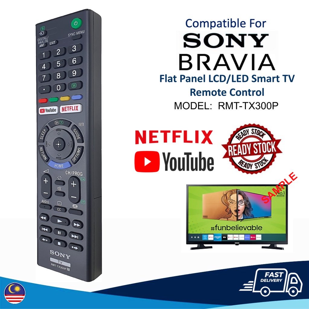 Sony RMT-TX300P Flat Panel LED LCD TV Remote Control YouTube Netflix ...