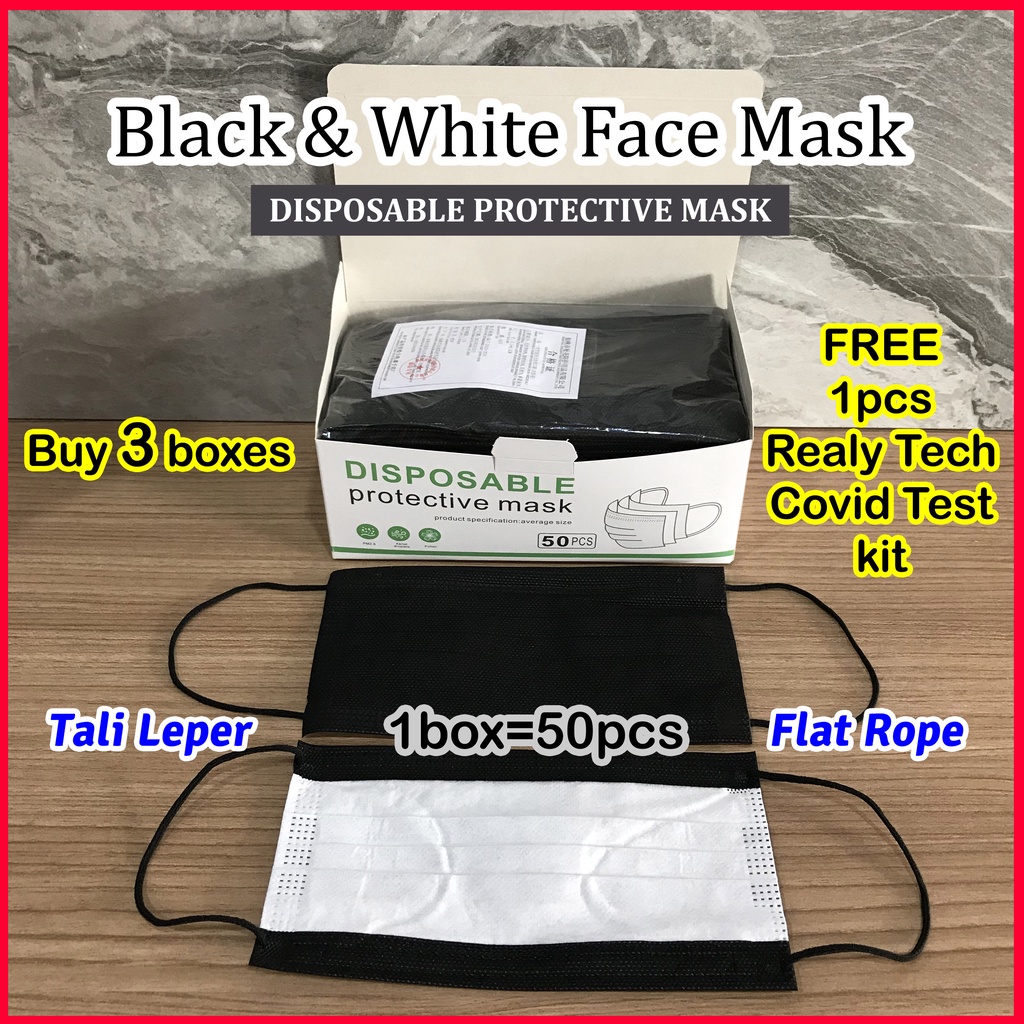 Adult Black & White 3 PLY Face Mask with Box (50pcs) / Face Mask Hitam ...