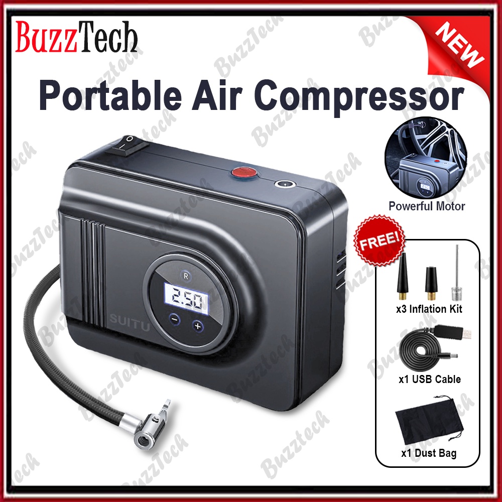 BuzzTech Electric Air Pump Tyre Car Inflator Portable Pump Tayar Kereta Digital Tire Pressure ...