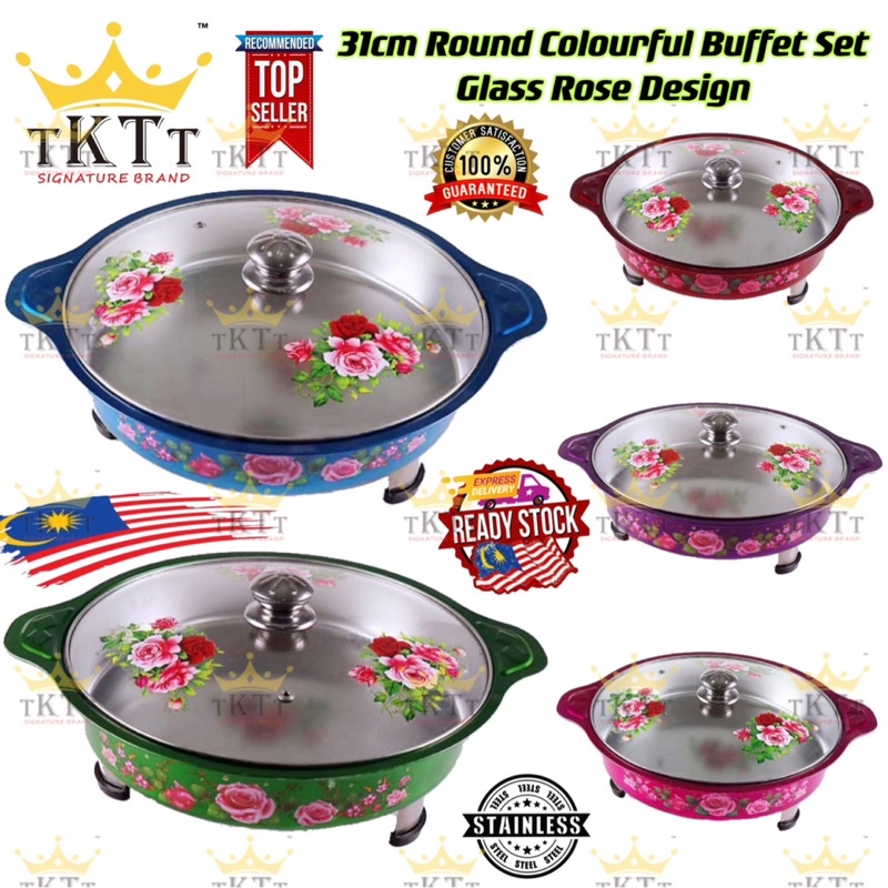 TKTT 31cm Round Colourful Buffet Set Rose Design Glass Lid Food Pan ...