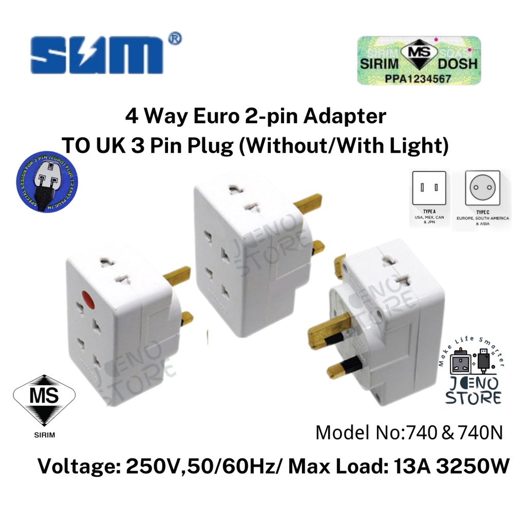SUM 4 Way Euro 2 pin Adaptor TO UK 3 Pin Plug (Without/With Light ...