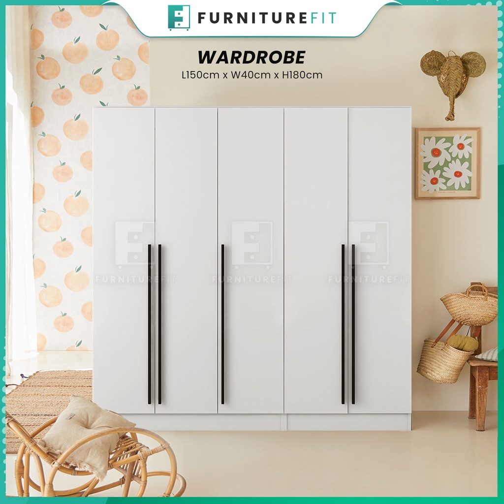 FurnitureFit 3+2 Door Wardrobe With Shelf | Almari 5 pintu | Almari baju putih | White Wardrobe ...