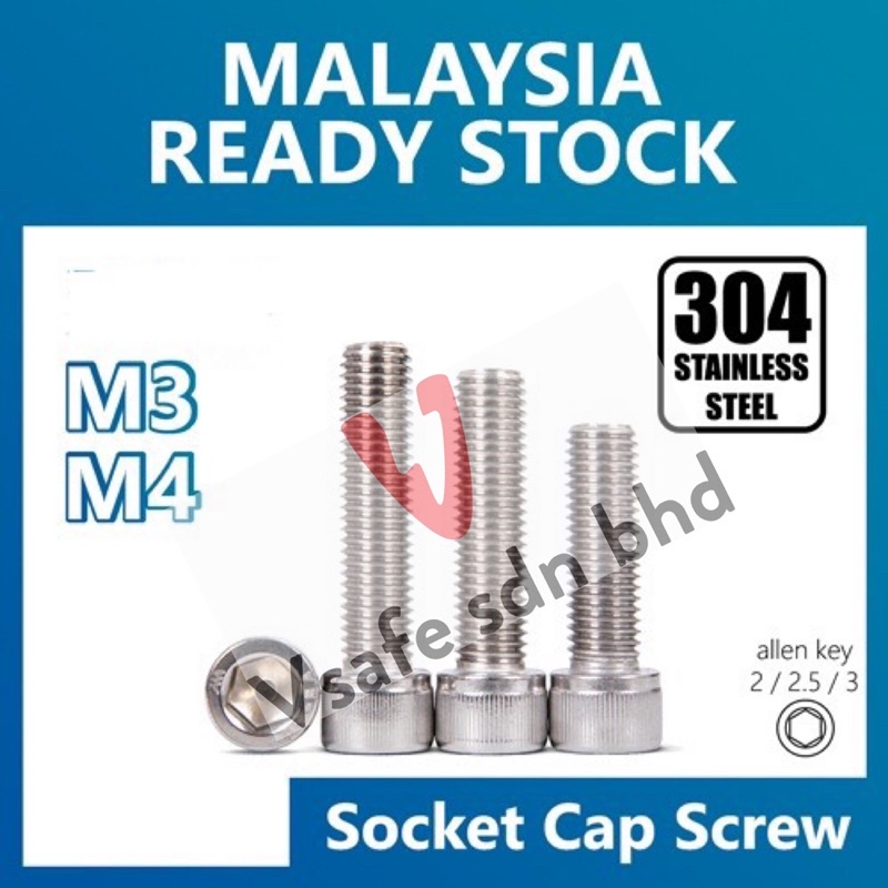 VSAFEMKT M3 M4 Hex Socket Cap Head Screws 304 Stainless Steel SHINY ...