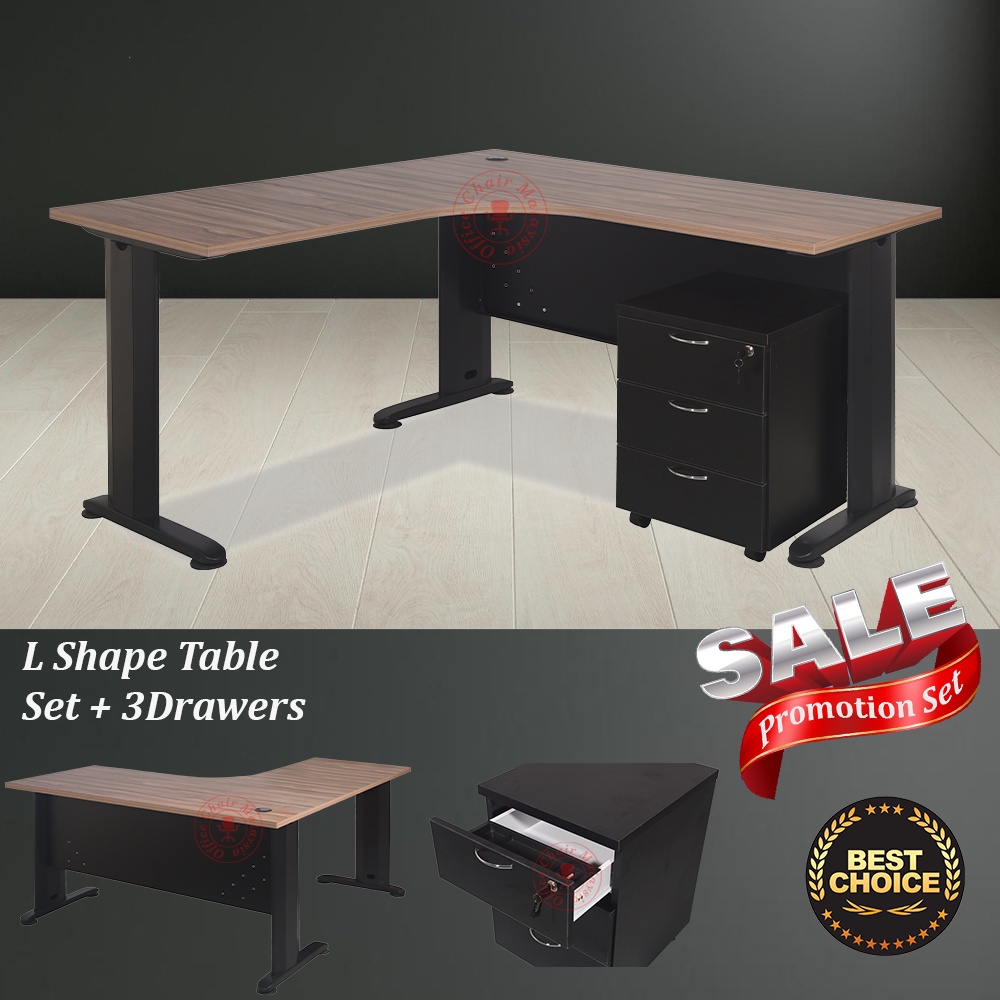 🏆Package L Shape Table with 3 Drawer🏆 Office Table / Meja L Shape ...