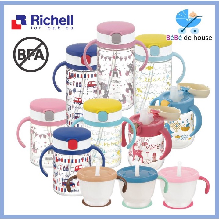 Richell AQ Training Straw Mug Cup 150ml & 200ml / TLI Spout, Straw, 360 Degree Drinking Cup - 1 ...