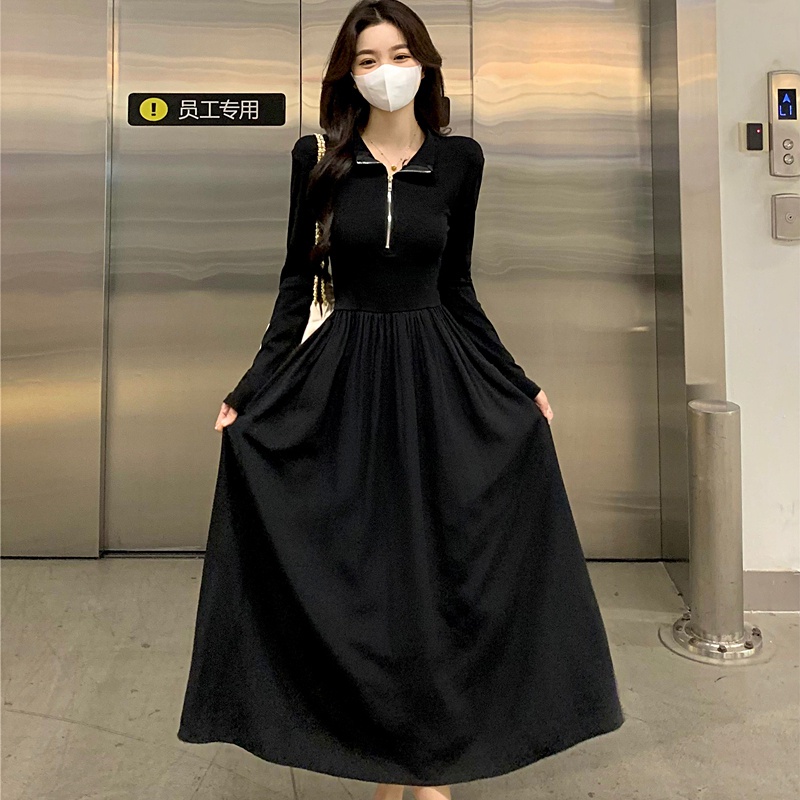 Korean slim black autumn and winter dress zipper collar simple high ...