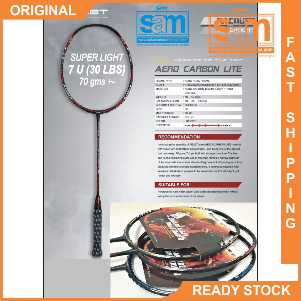 Felet Aero Carbon Lite 7U Badminton Racket. Frame only. | Shopee Malaysia