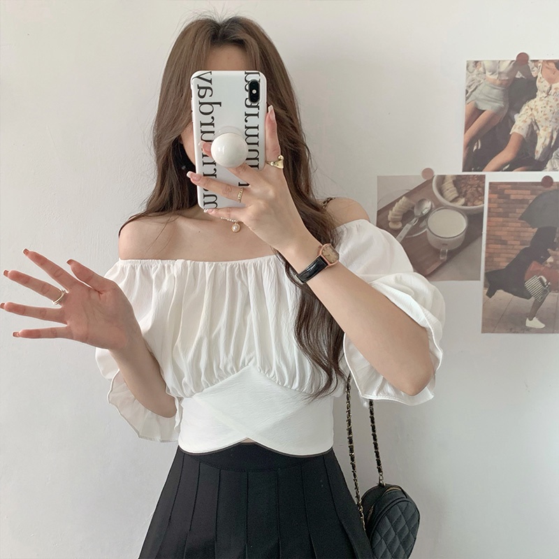 Women Puff Sleeve Off Shoulder Self Tie Ribbon Crop Top Blouse T56
