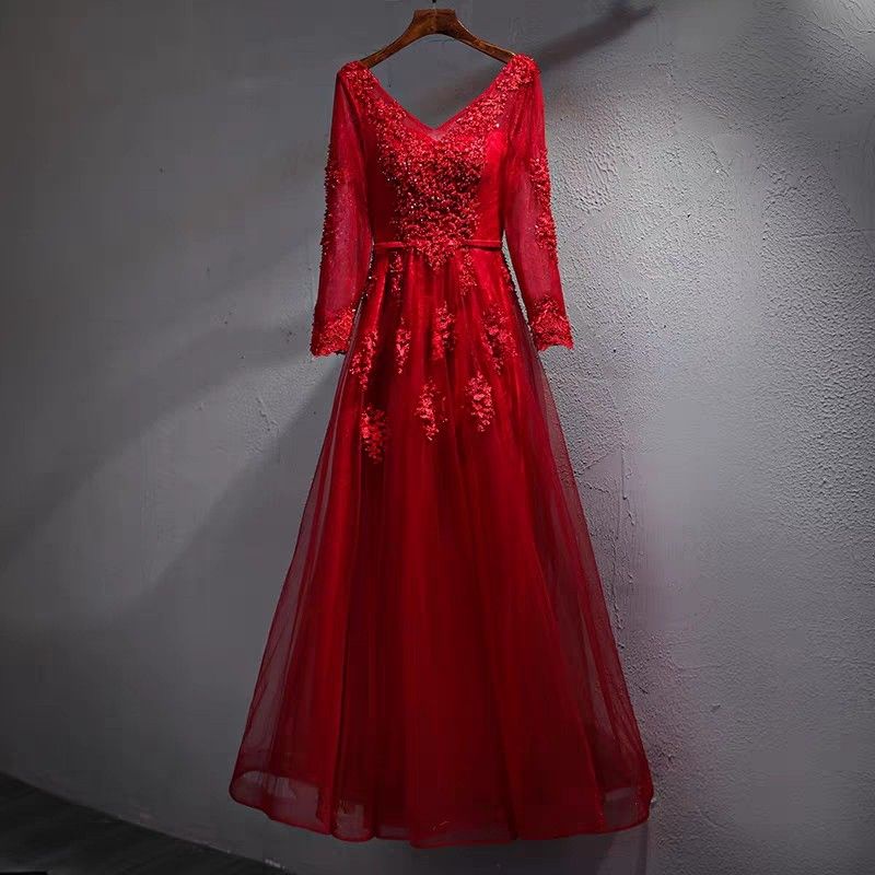 Readystock red beaded long sleeve wedding bridal evening prom dress ...