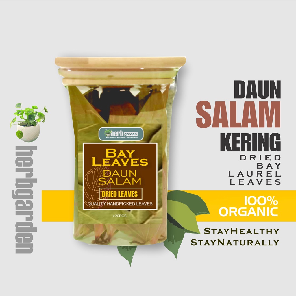 DRIED BAY LEAVES [DAUN SALAM KERING] IN BEAUTIFUL AIR TIGHT GLASS FOOD STORAGE JAR (MIN 20 HELAI ...