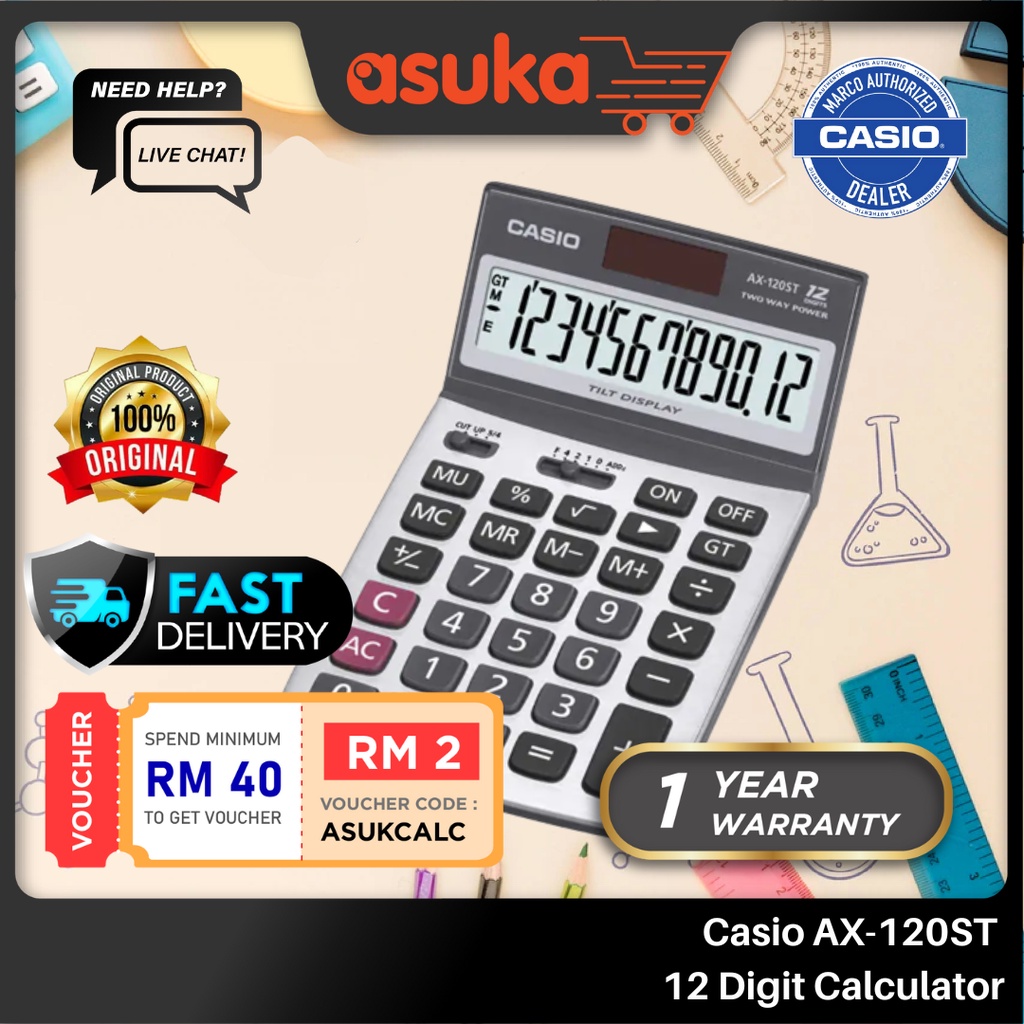 [Adjustable Tilt Display] Casio AX-120ST 12 Digit Calculator Original / Percentage / Mark-up ...