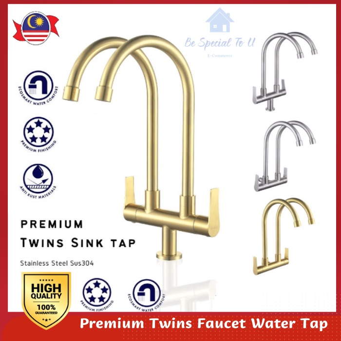 KITCHEN FAUCET TWO SPOUT GOLD STAINLESS STEEL 304 TWINS PILLAR SINK TAP ...