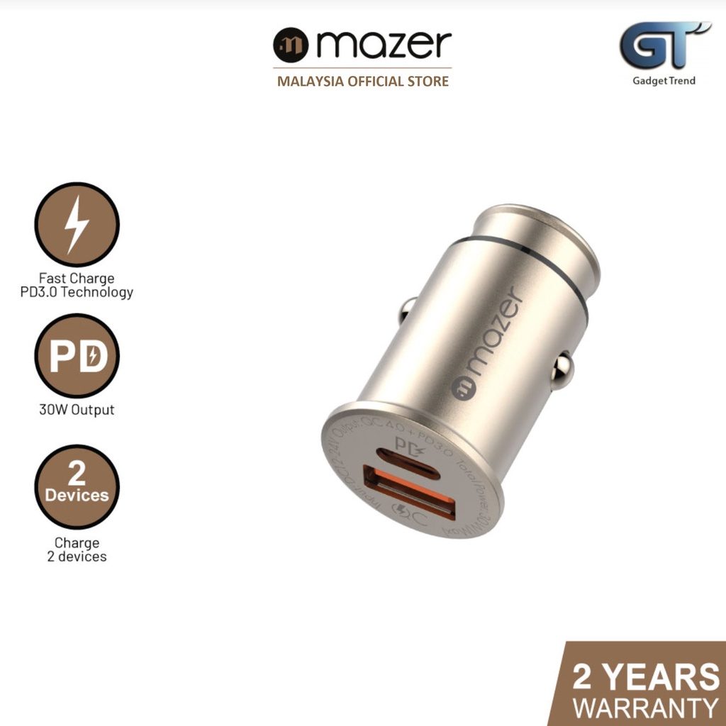 Mazer Infinite Drive Supermini USB-C PD30W+USB-A QC3.0 Car Charger ...