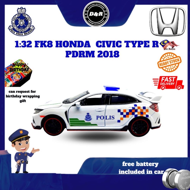POLIS TYPE R:1:32 Civic Type R FK8 Police Car mainan kanak kanak kereta ...