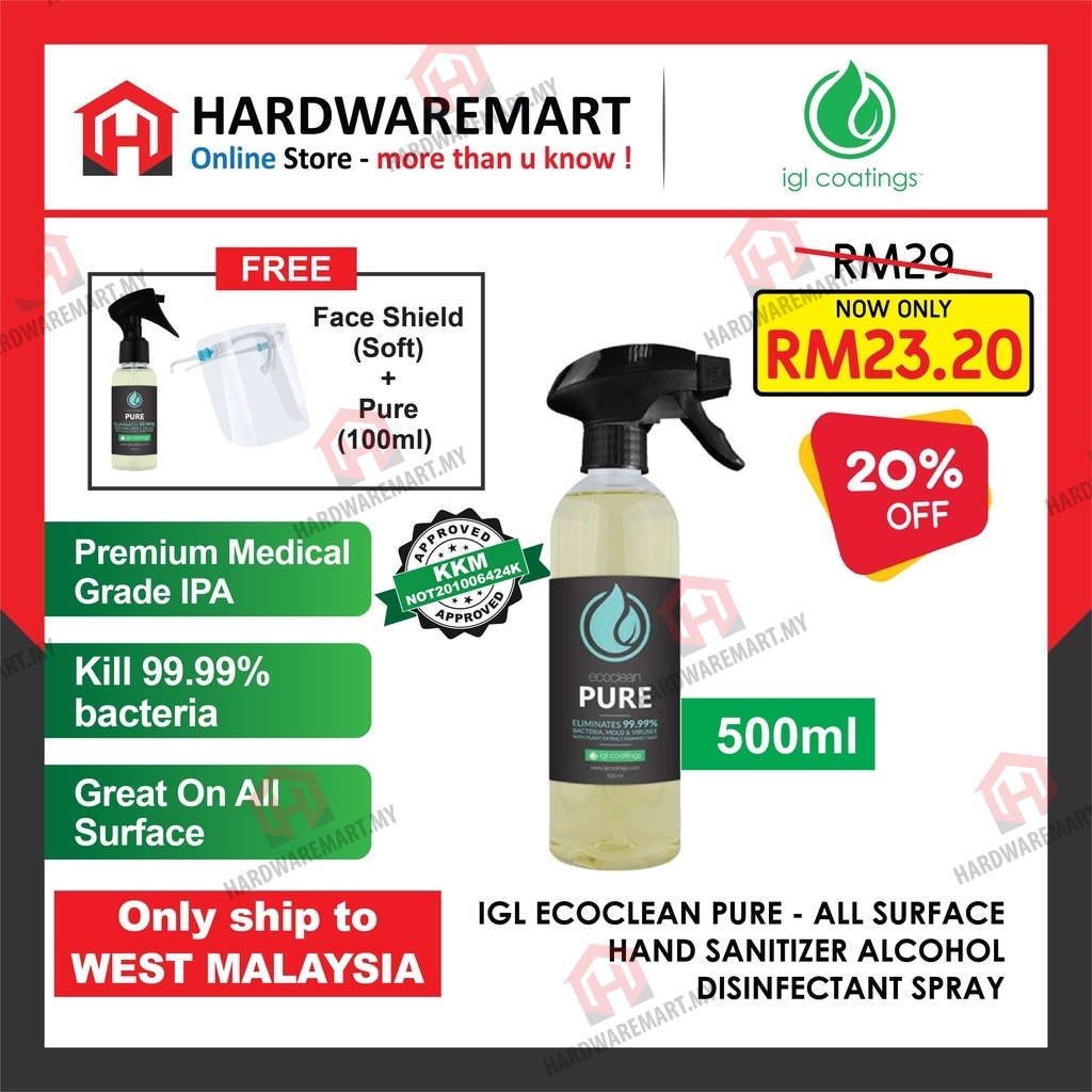 IGL Ecoclean PURE Disinfectant Spray Sanitizer 100ml 500ml Multipurpose Safe Skin 75% Alcohol ...