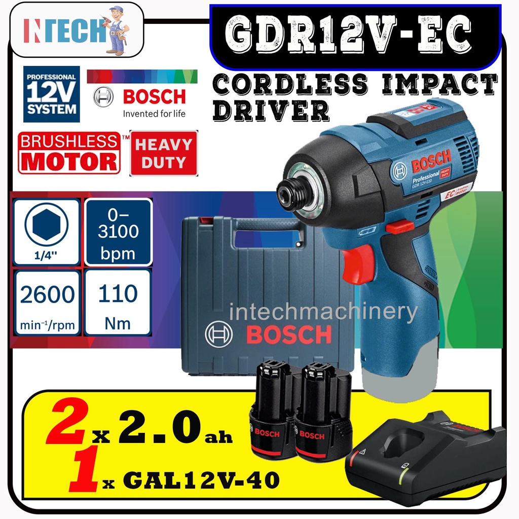 BOSCH GDR12V-EC CORDLESS IMPACT DRIVER (12V) C/W 2x 2.0AH 12V + GAL12V ...
