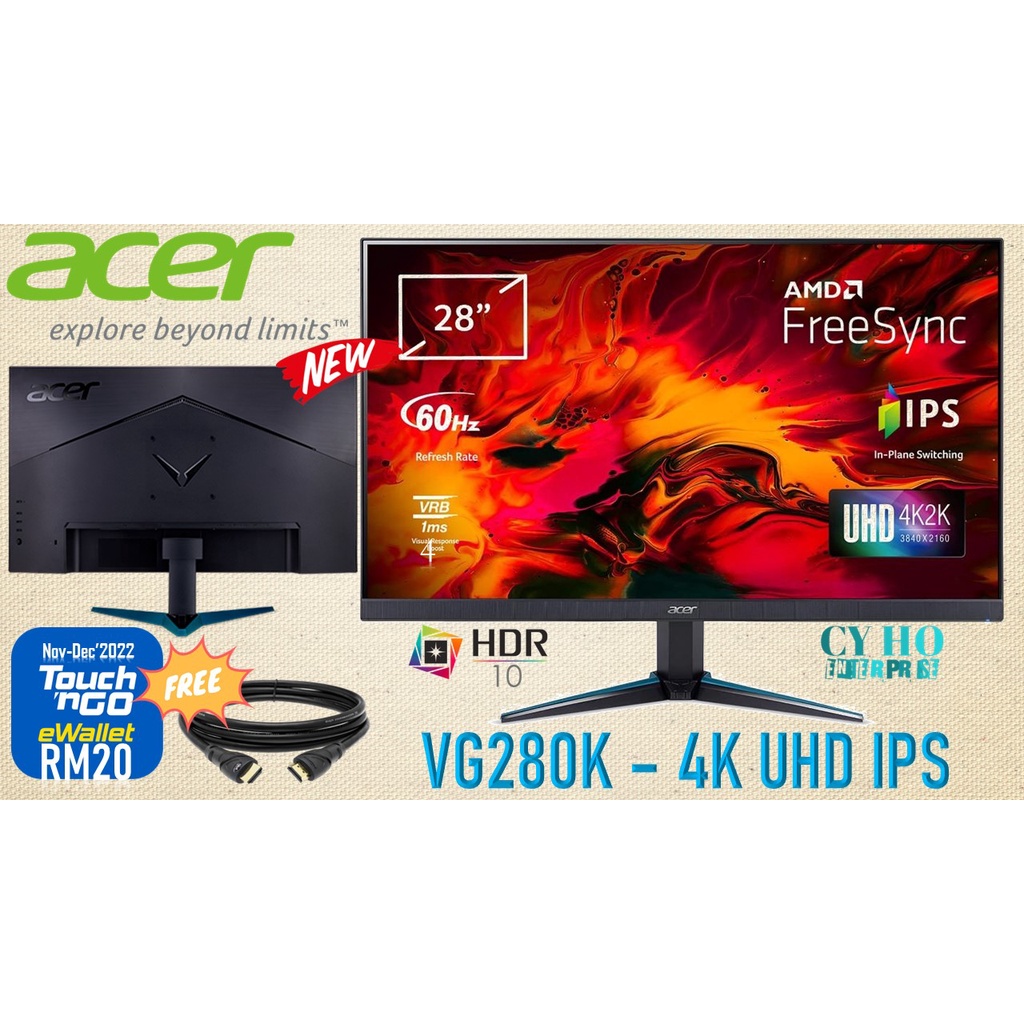 Acer Nitro VG280K 28" IPS UHD 4K 60HZ 4MS AMD FreeSync/HDR-10/ 300nits/ Gaming Monitor with ...