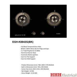 ELBA Glass Hob Glass Gas Stove Gas Cooker EGH-M8442G(BK) @ EGH-K8842G ...
