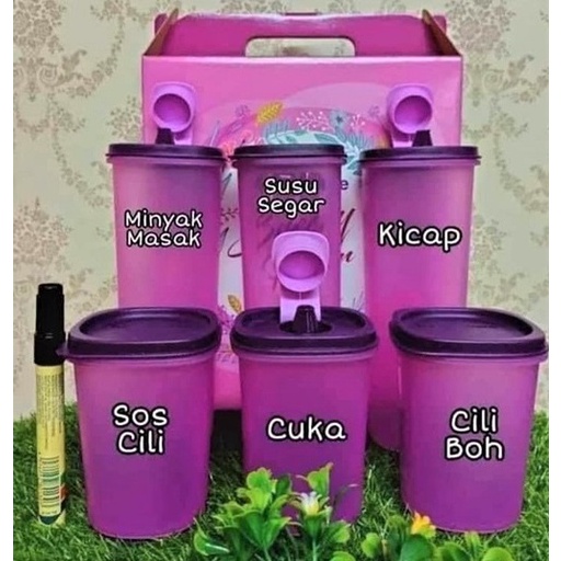 *YearEndSales*Tupperware Breezy Pour Set 6pcs purple with Gift Box Bekas Kicap Minyak 930ml(3 ...