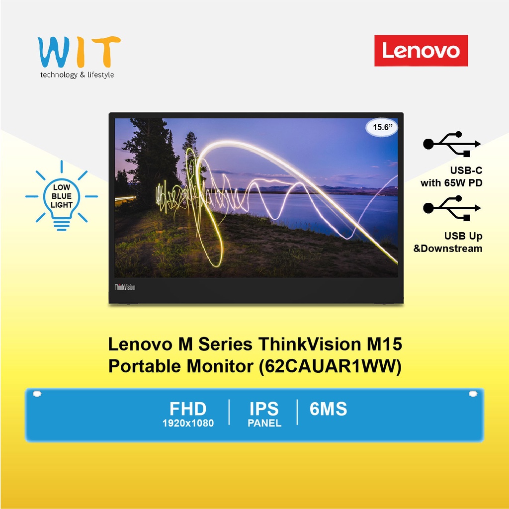 Lenovo ThinkVision M15 Portable Monitor- 15.6" FHD IPS /6ms /USB-C with ...