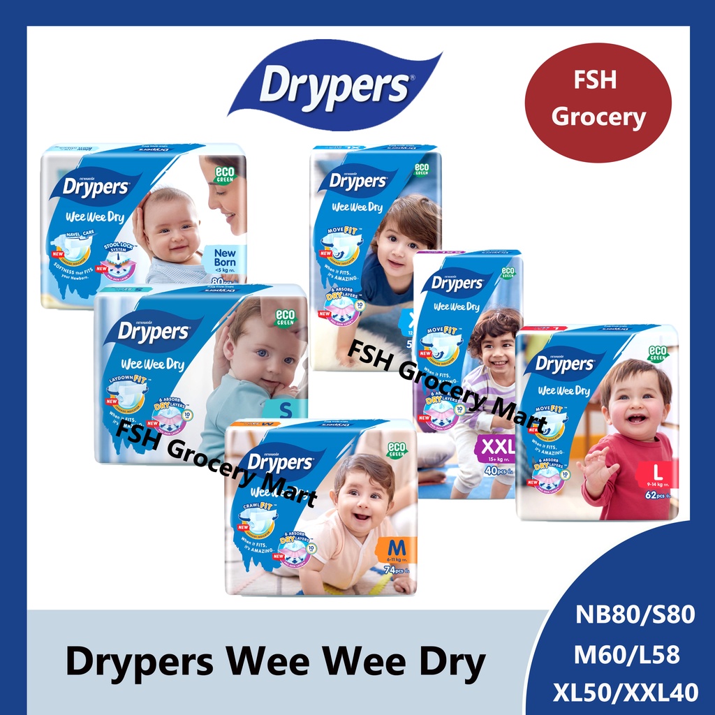 Drypers Wee Wee Dry Diapers Mega Pack (NB80/S80/M60/L58/XL50/XXL40 ...