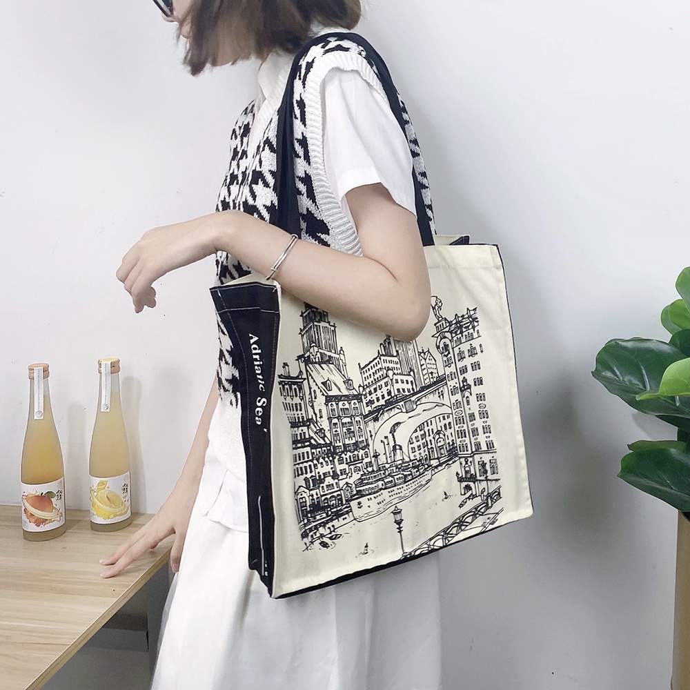 Women Canvas Shoulder Bag Venice Print Ladies Shopping Bags Cotton ...