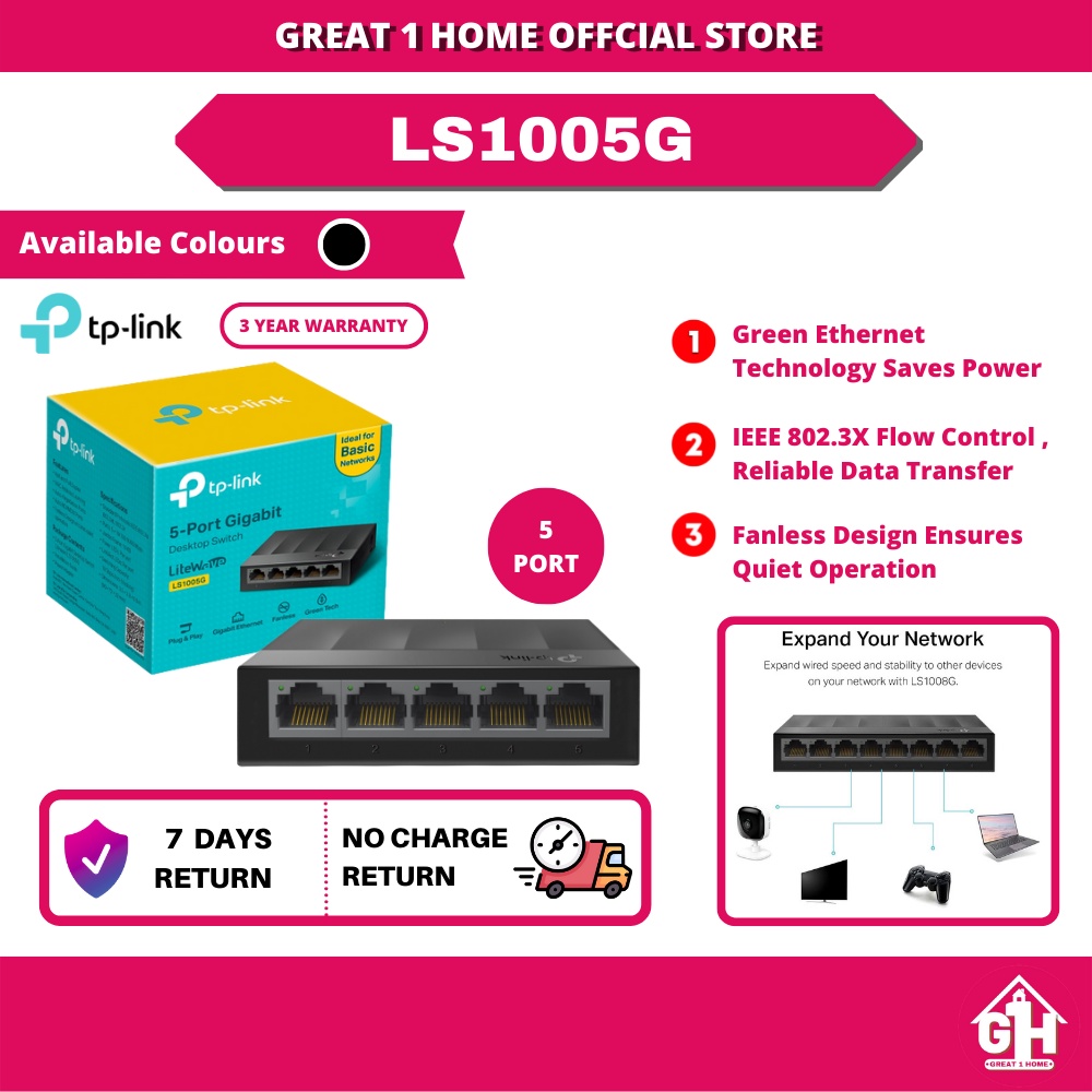 TP-Link LiteWave LAN Switch LS1008G/LS1005G 8/5-Port Gigabit 10/100/1000Mbps Desktop Network ...
