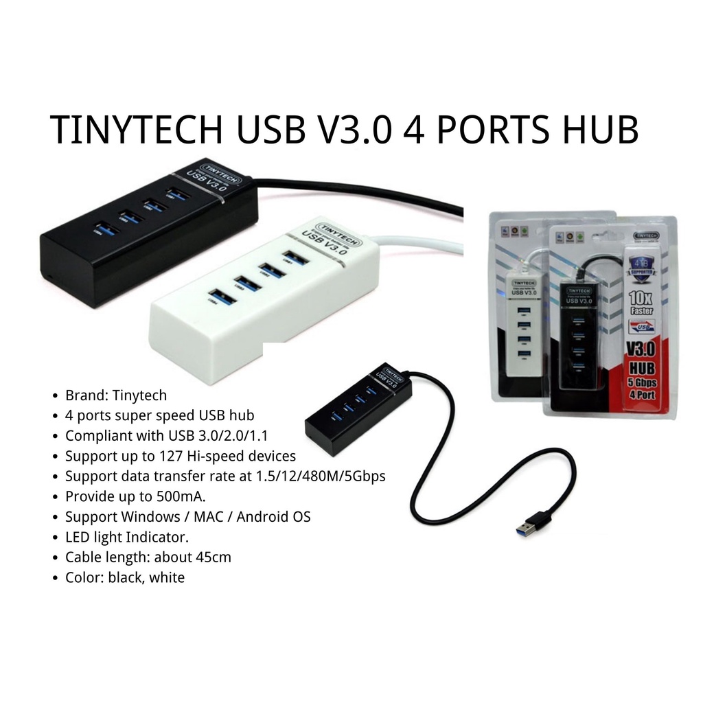 Tinytech 4 PORT 5Gbps High Speed V3.0 USBHUB (USBHUB-3406) | Shopee ...