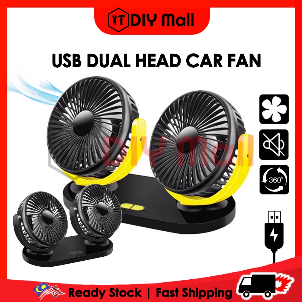 DIYMALL USB Dual Head Car Fan Truck Fan Air Conditioning 3 Speed360 ...
