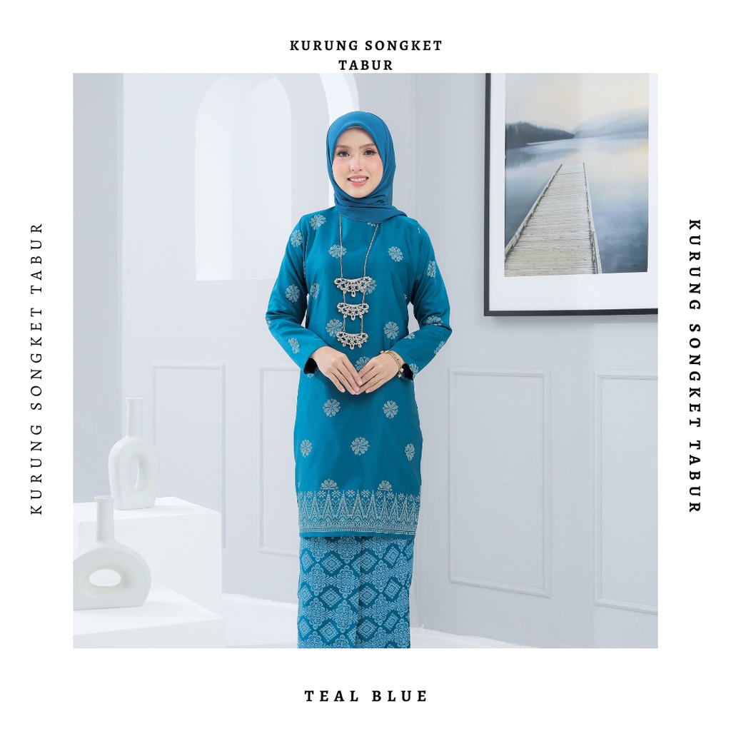 Baju Kurung Moden Songket Bunga Tabur [ Teal Blue ] | Shopee Malaysia