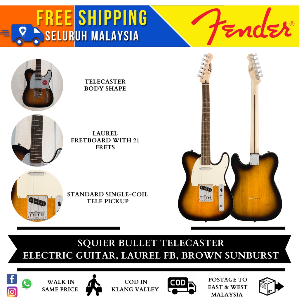 FENDER Squier Bullet Telecaster Electric Guitar, Laurel FB, Brown Sunburst single coil 6 tali ...