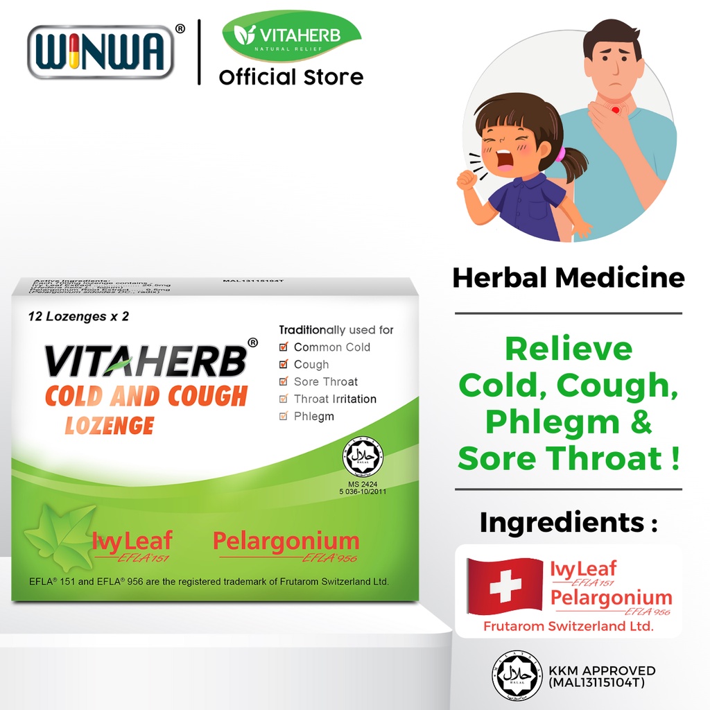 VITAHERB Cold And Cough Lozenges (12's x 2) - Ivy Leaf For Sore Throat ...