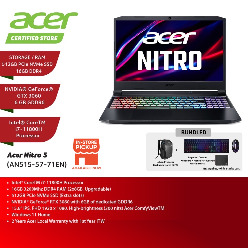 Acer Nitro 5 AN515-57-71EN 15.6'' FHD 144Hz Gaming Laptop ( i7-11800H ...