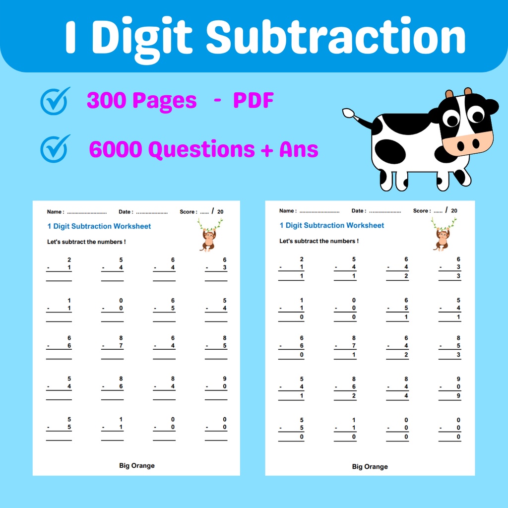 [PDF] One Digit Subtraction Printable Math Worksheet-6000 Questions ...