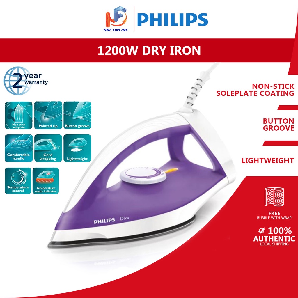 Philips Diva Dry Iron GC122 | GC122/30 (1200W & Non-stick Soleplate ...