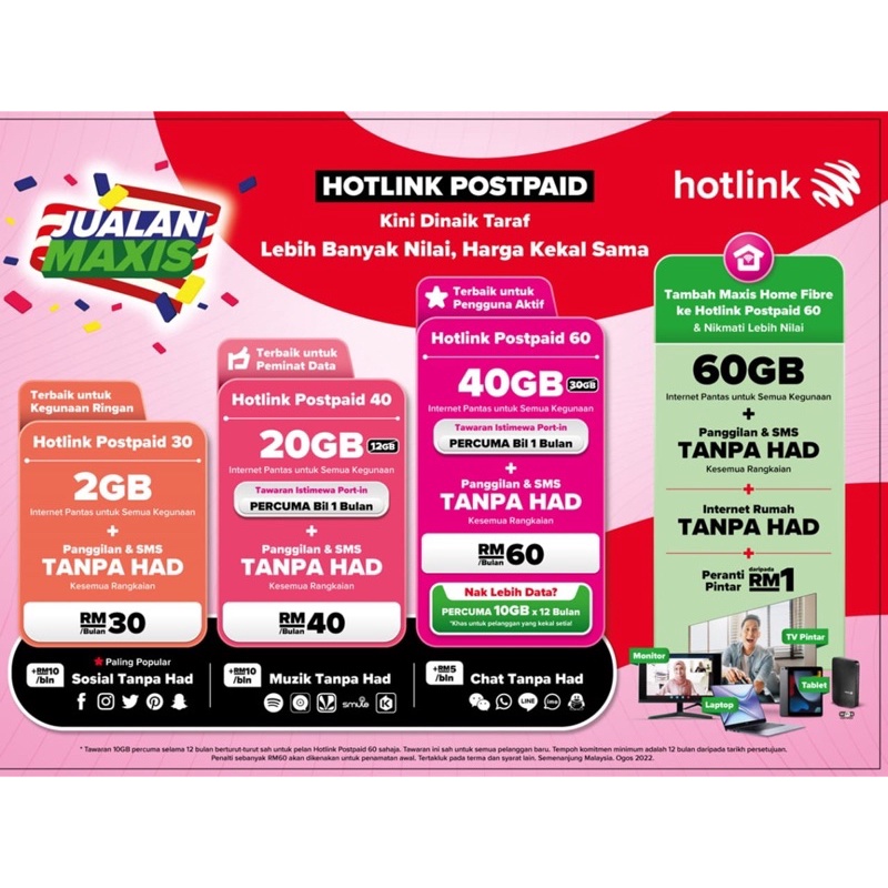 Hotlink Flex Unlimited Calls & SMS Postpaid - Hotlink Postpaid 60 -40GB / Hotlink Postpaid 40 ...