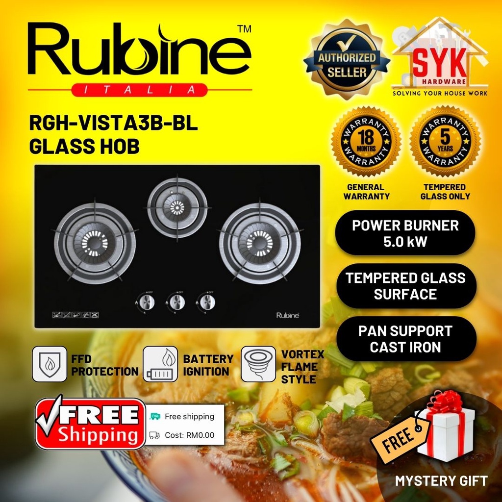 SYK (FREE SHIPPING GLASS WARRANTY 5 YEAR) Rubine Hob RGH-VISTA3B-BL ...