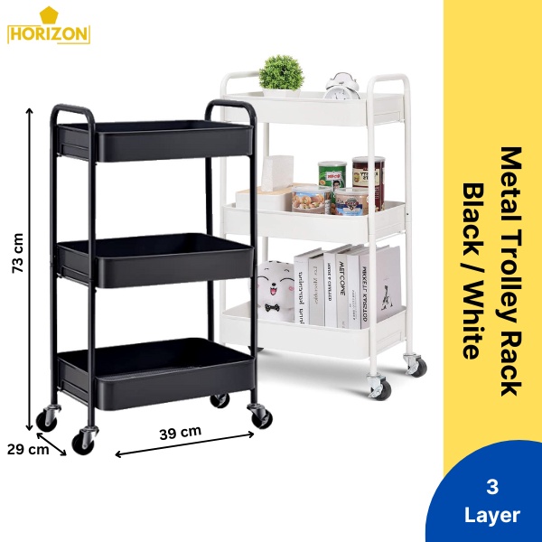 3 Tier Metal Trolley Storage Rack Powder Coated Carbon Steel Rak Besi ...