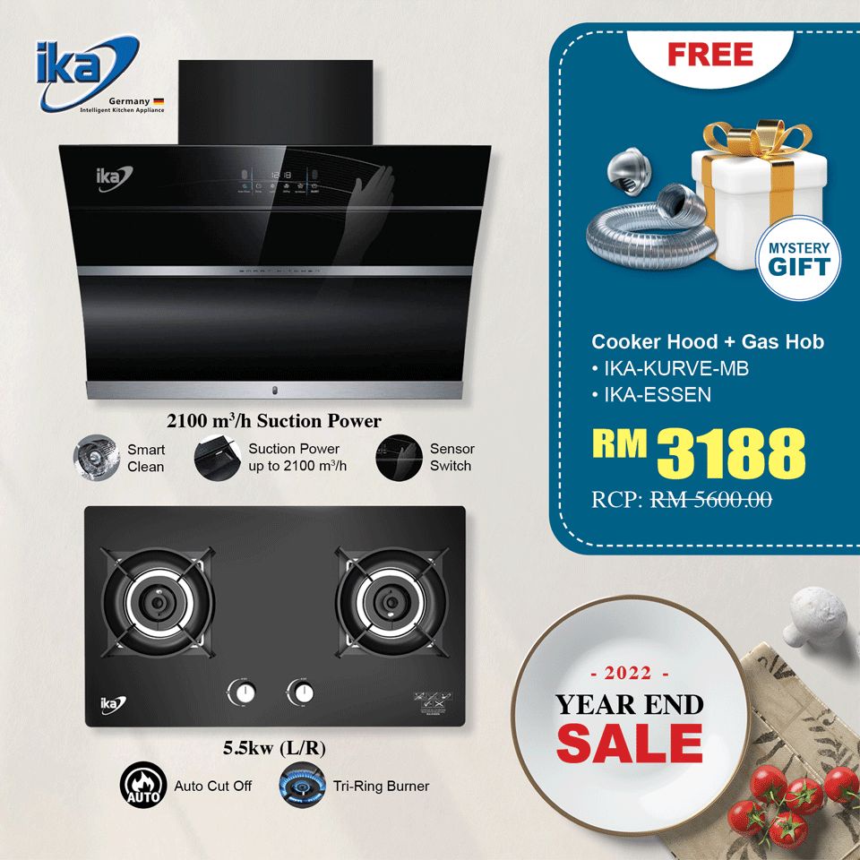 [PACKAGE] IKA-KURVE 90cm Glass Chimney Kitchen Cooker Hood(1800M3)+IKA ...