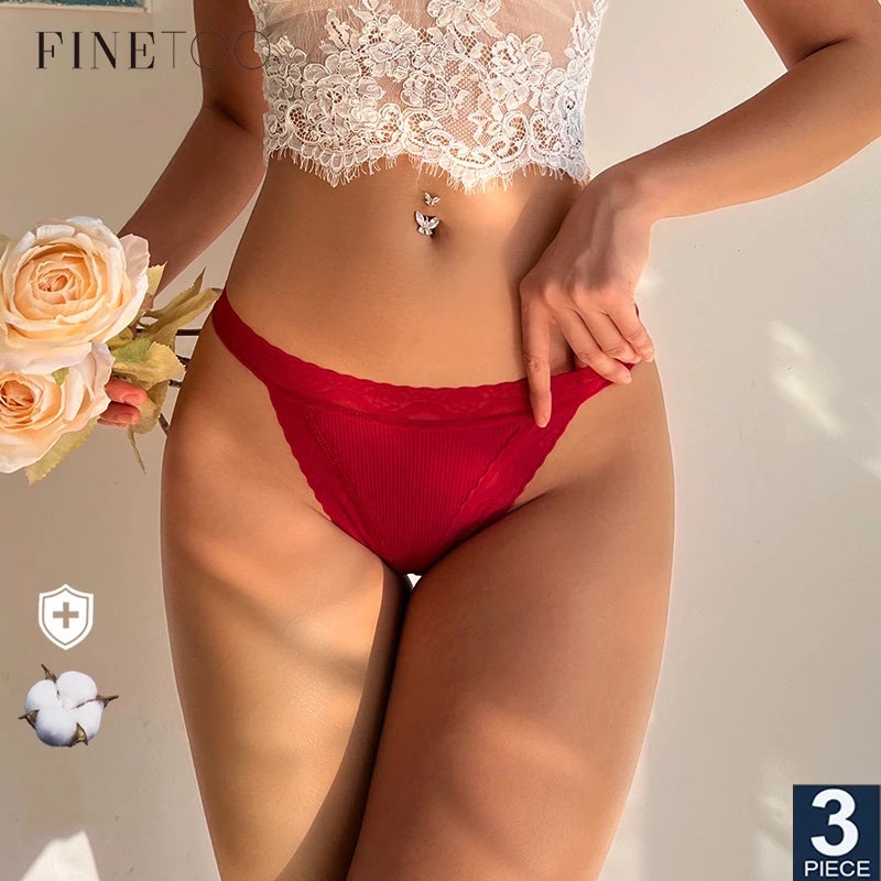 Finetoo 3pcsset Sexy Thongs Low Rise Lace G String Panties Women Cotton T Back Underwear S Xl