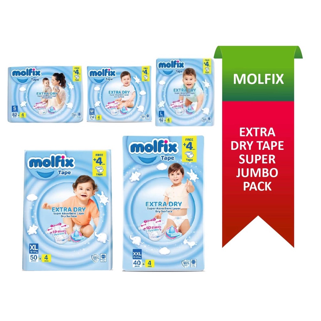 Molfix Extra Dry Tape Super Jumbo Pack ( NB/S/M/L/XL/XXL ) | Shopee ...