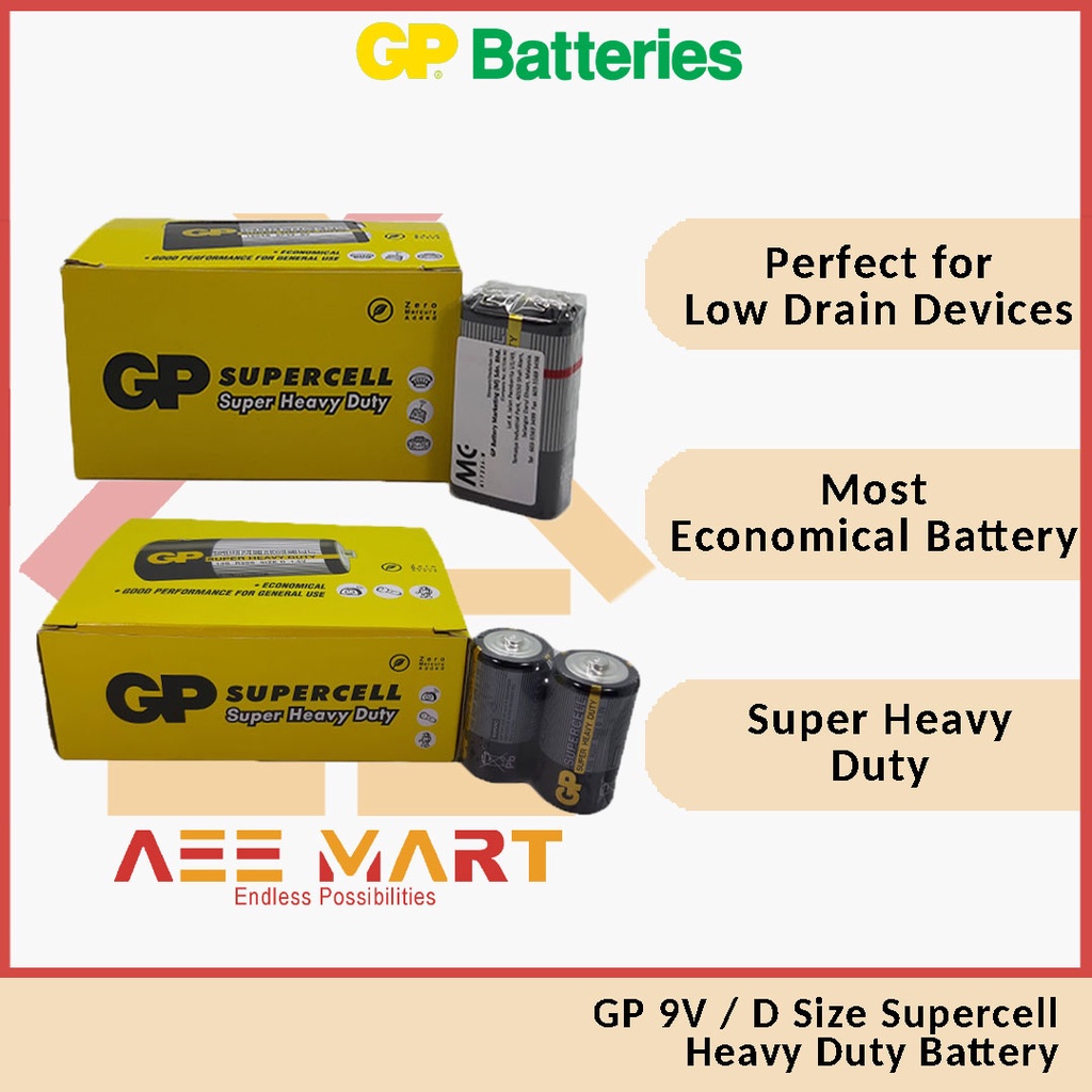 (Original) GP Supercell Super Heavy Duty 9V / D Size Battery ( 10pcs ...