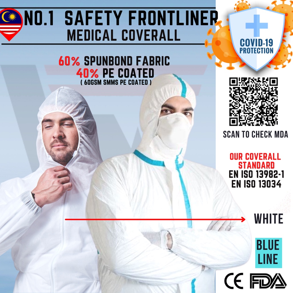 FrontLiner PPE Medical Coverall 60gsm SMMS PE Coated - White & Blue Line - EN ISO 13982-1 - 100% ...